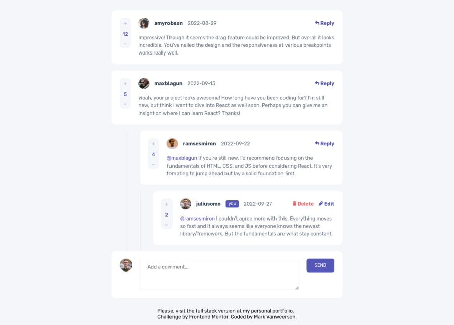 Frontend Mentor Full Stack Interactive Comments Section Using Php