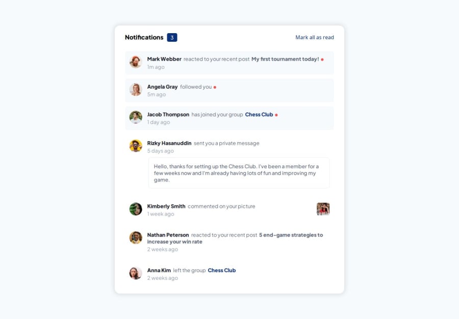 Frontend Mentor Responsive Notifications Page With Html Scss Bem And Js Coding Challenge