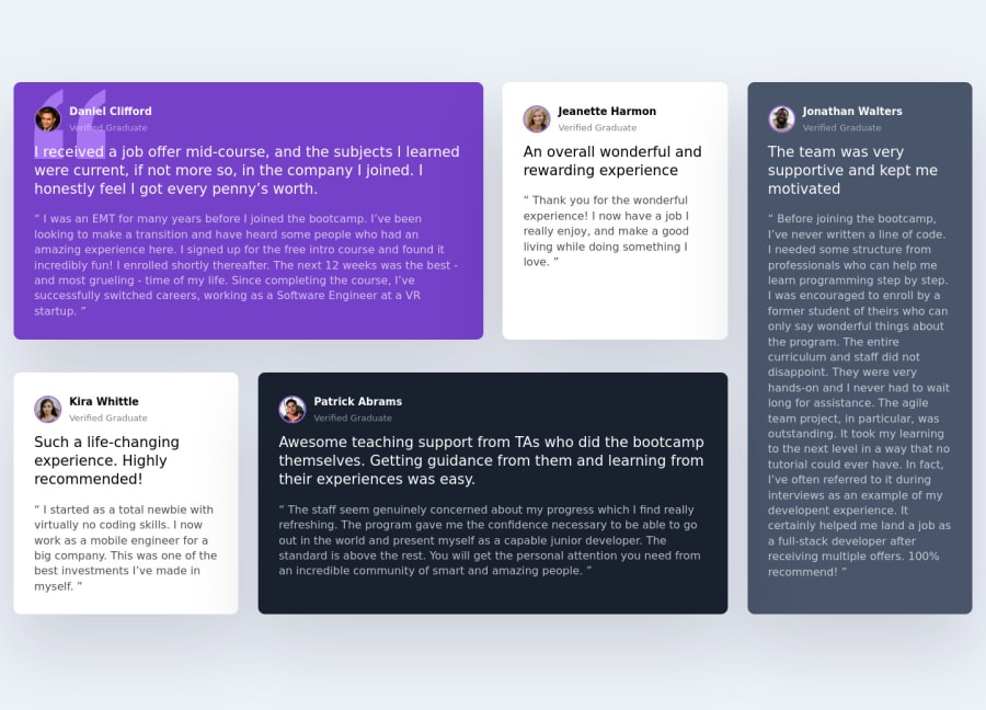 Frontend Mentor Responsive Testimonial Html And Css Page Using Css Grid Coding Challenge Solution