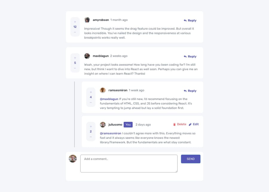 Frontend Mentor Interactive Comment Section Using React Coding