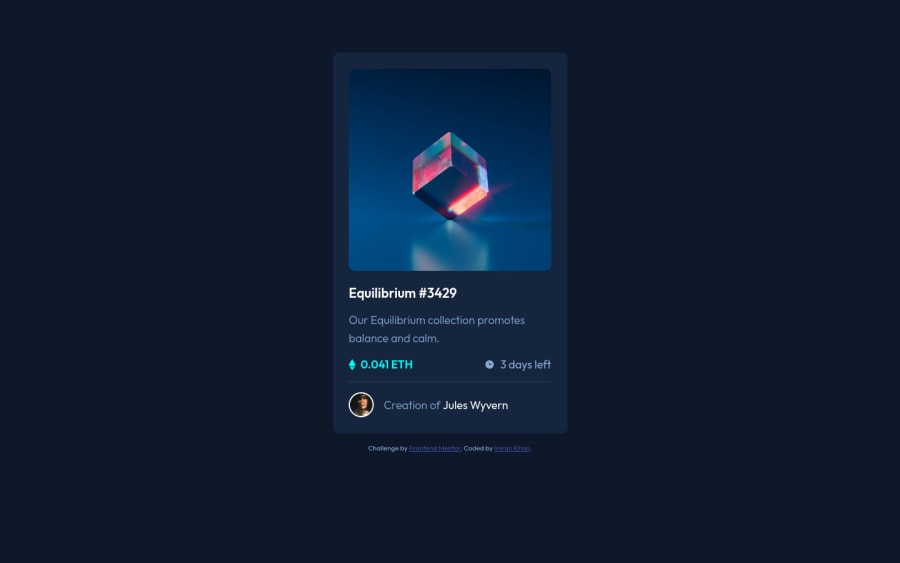 Frontend Mentor Nft Card Preview Using Html And Css Only Coding