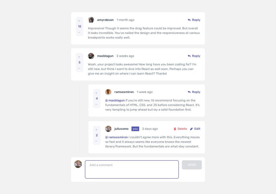 Frontend Mentor Interactive Comments Section Using React And