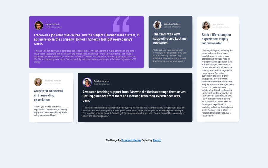 Frontend Mentor Testimonial Grid Section With Html Css And Sass Coding Challenge Solution