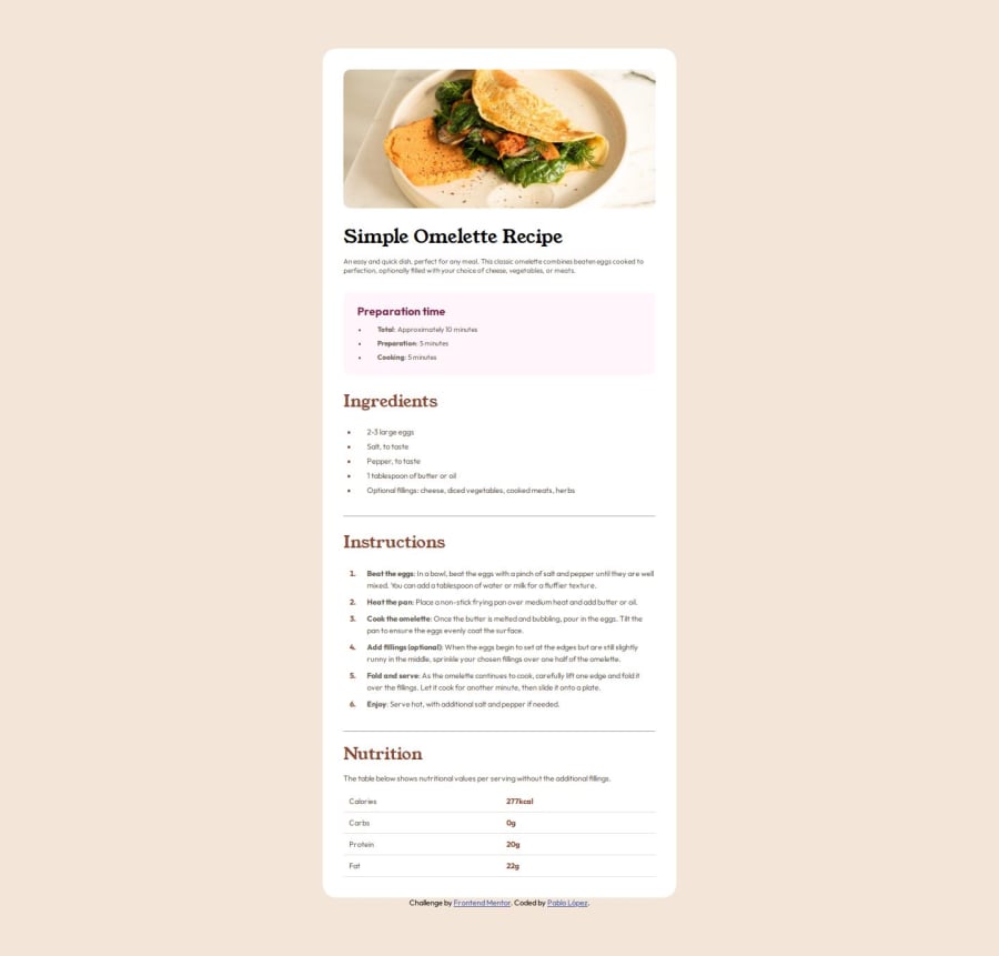 Frontend Mentor | Página web estática con html y css: Receta de omelette coding challenge solution