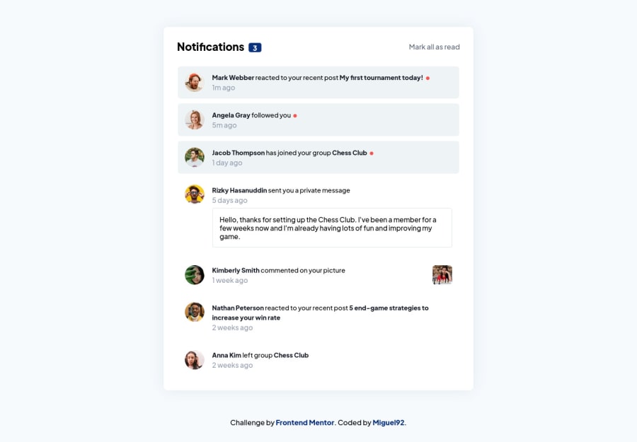 Frontend Mentor User Notification Panel Css Grid Flexbox Javascript Coding Challenge Solution
