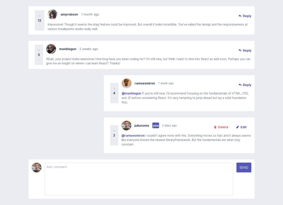 Frontend Mentor Interactive Comments Coding Challenge Solution