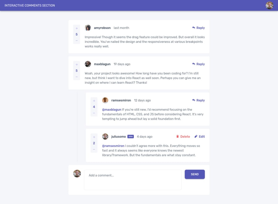 Frontend Mentor Interactive Comments Section Using React Mui Coding