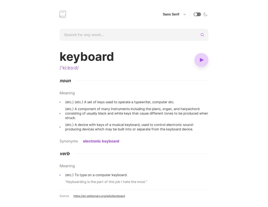Frontend Mentor Responsive Dictionary App With Theme Toggle Built With Sassvanilla Js Coding