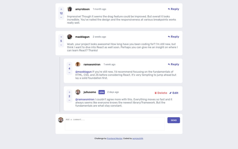 Frontend Mentor Interactive Comments Section Vanilla Js Json Fetch