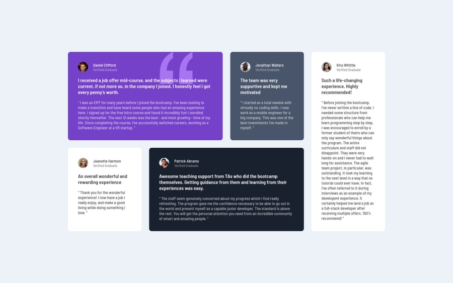 Frontend Mentor Responsive Testimonials Grid Section Created With Css Grid Coding Challenge