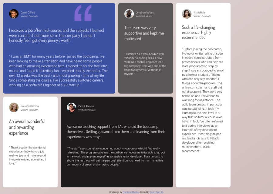 Frontend Mentor Bootcamp Testimonials Using Css Grid Coding Challenge Solution