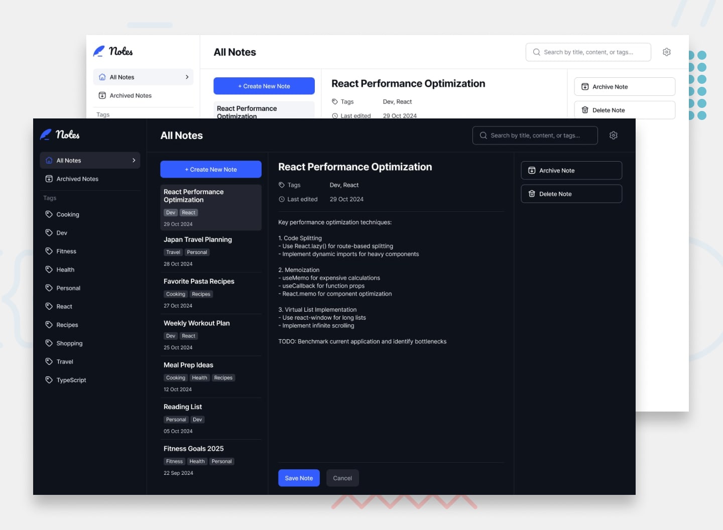 Frontend Mentor Note Taking React ⚛️ Redux Tailwind 🎨 Axios 🌐