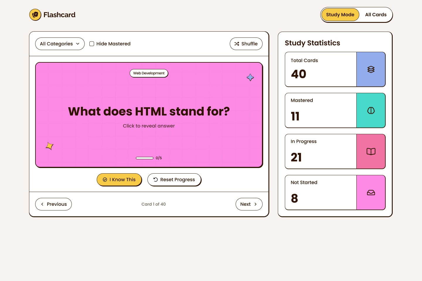 Frontend Mentor | Build a flashcard app with study modes and progress ...