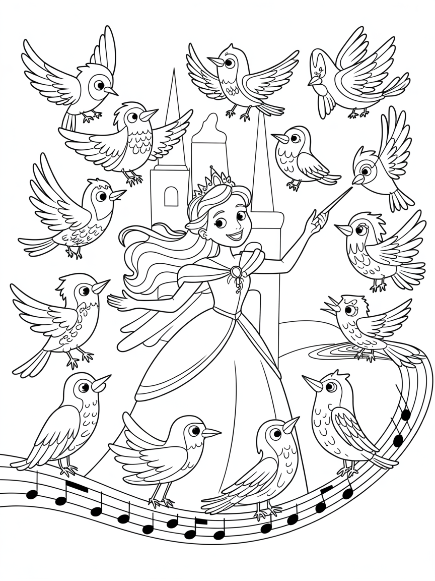 Princess Elena conducting a symphony of magical birds - Free Coloring Page