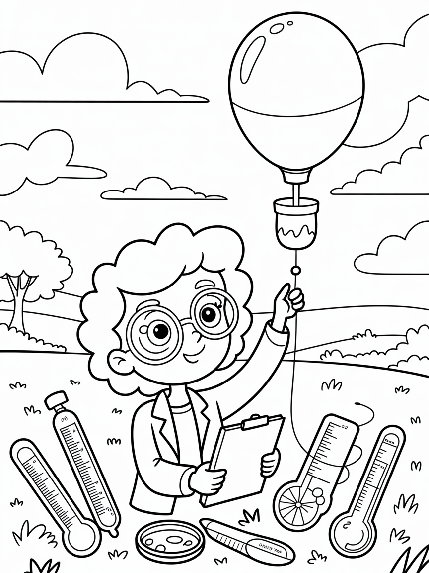 Skye conducting a weather balloon experiment - Free Coloring Page