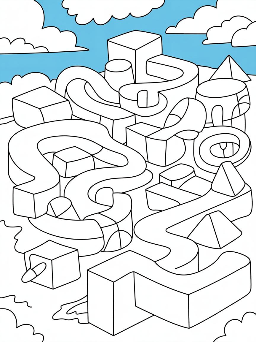 Giant 3D shapes creating a playground maze - Free Coloring Page