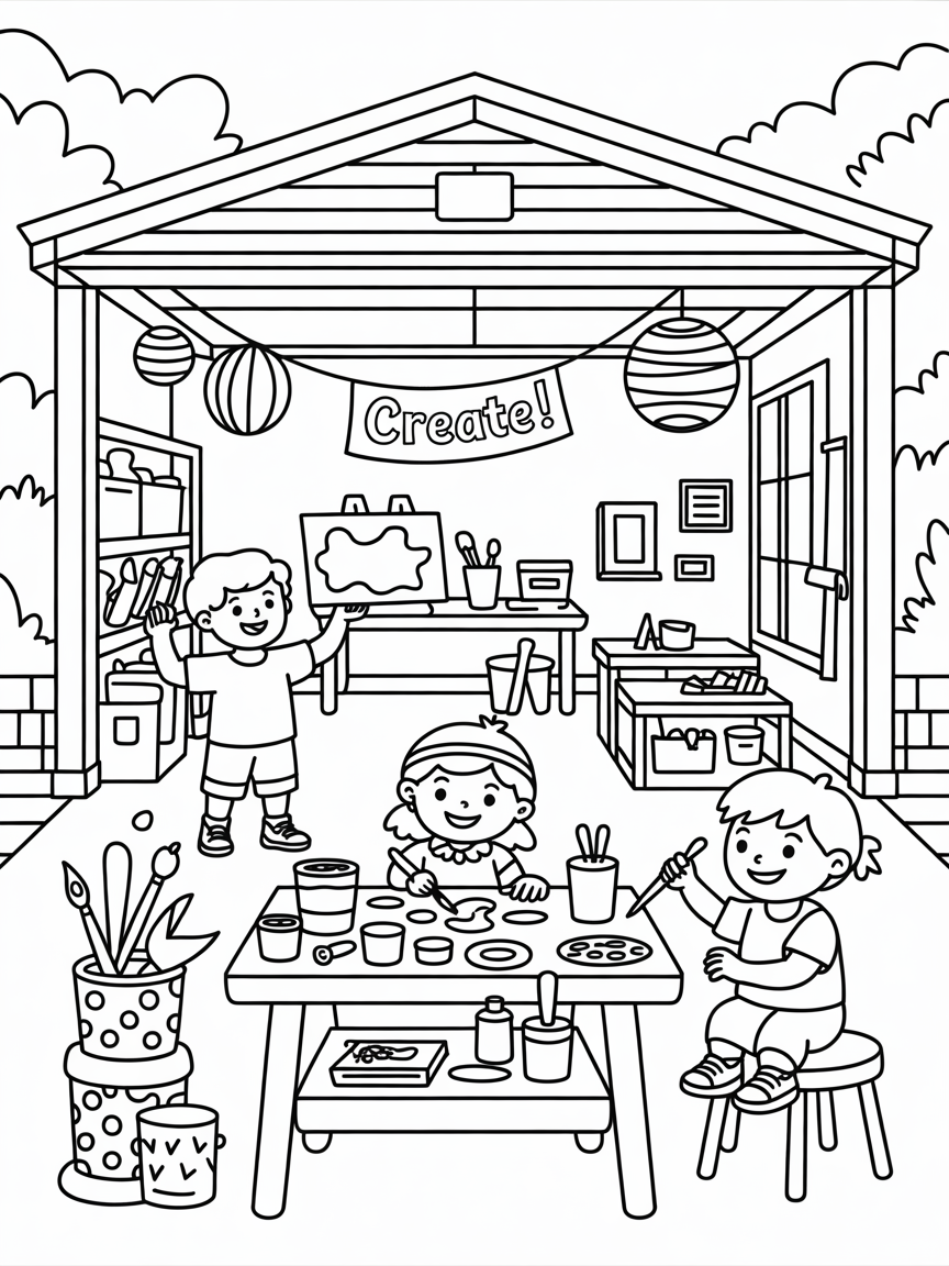 Kids transforming the garage into a vibrant art studio - Free Coloring Page