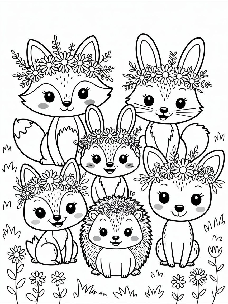 Flower crowns worn by woodland animals - Free Coloring Page