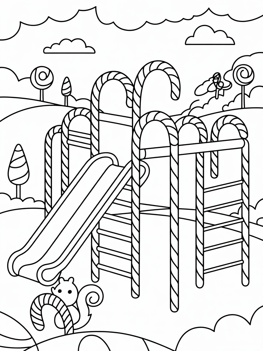 Jungle gym built of rainbow candy canes - Free Coloring Page