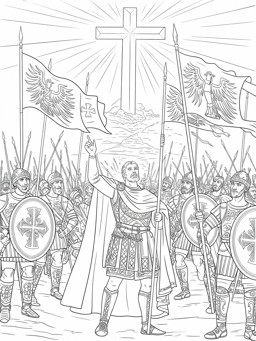 Saint Constantine the Great watching the big cross on the sky among ...