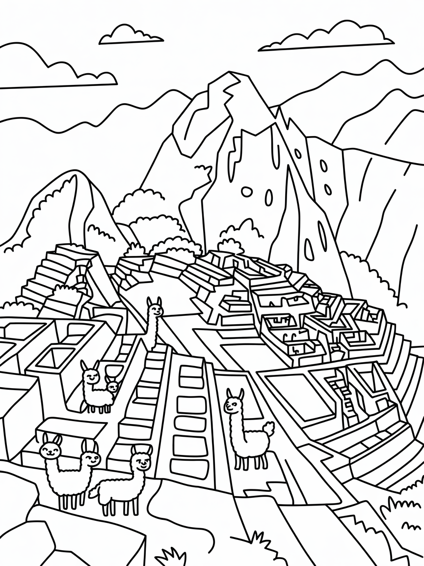 Machu Picchu with llama adventurers exploring ruins - Free Coloring Page