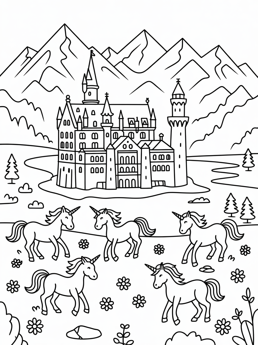 Neuschwanstein Castle with frolicking unicorns in the Alps - Free ...