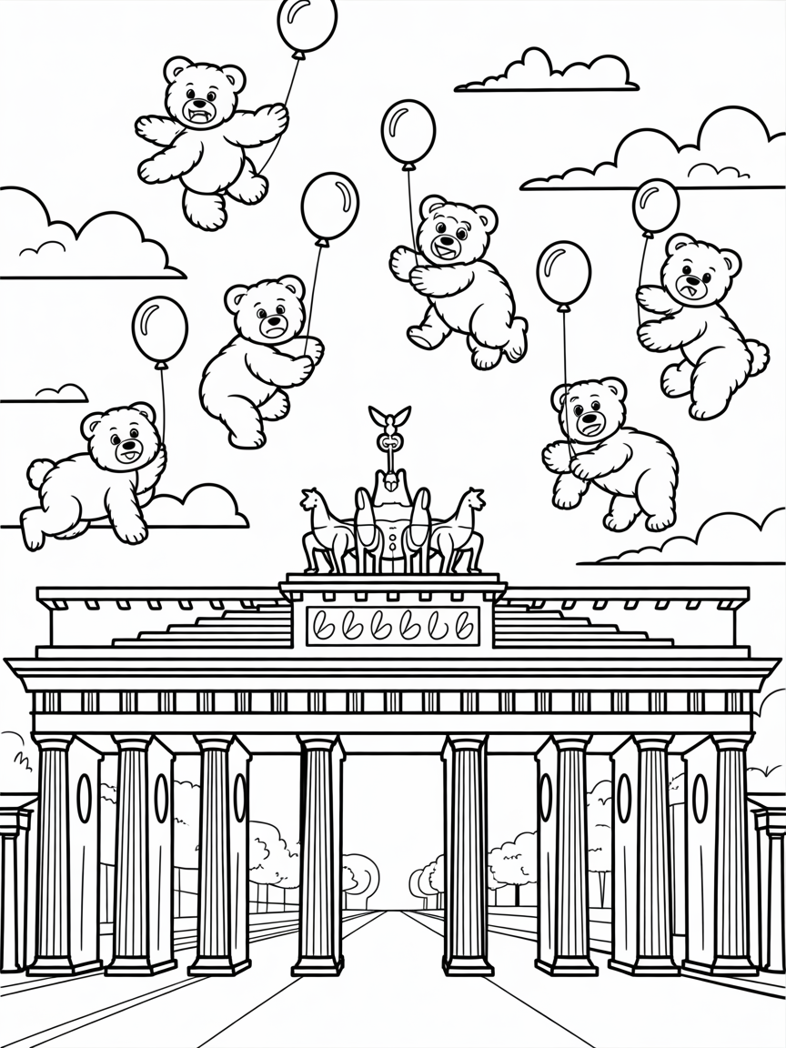 Berlin's Brandenburg Gate with balloon-carrying bears - Free Coloring Page