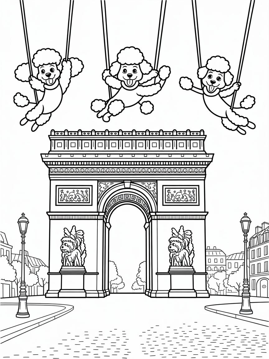 Paris' Arc de Triomphe with trapeze artist poodles - Free Coloring Page
