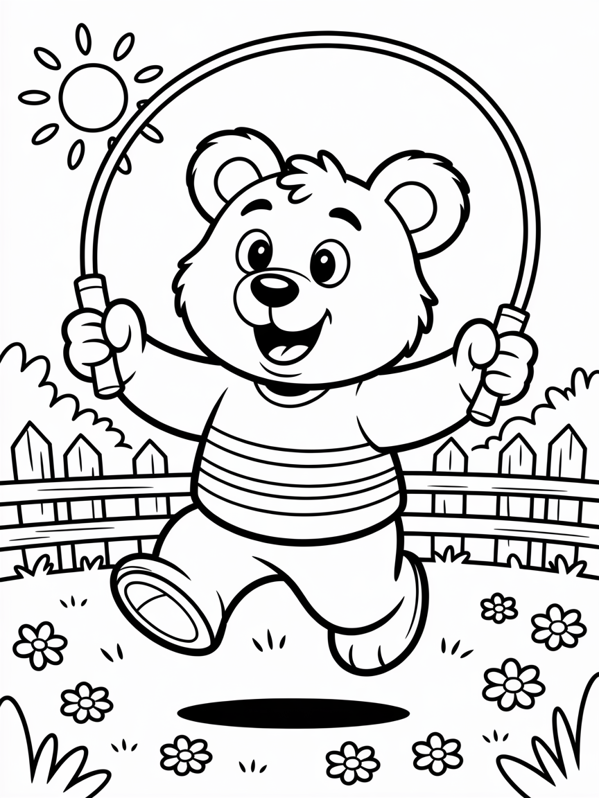 A friendly bear jumping rope - Free Coloring Page