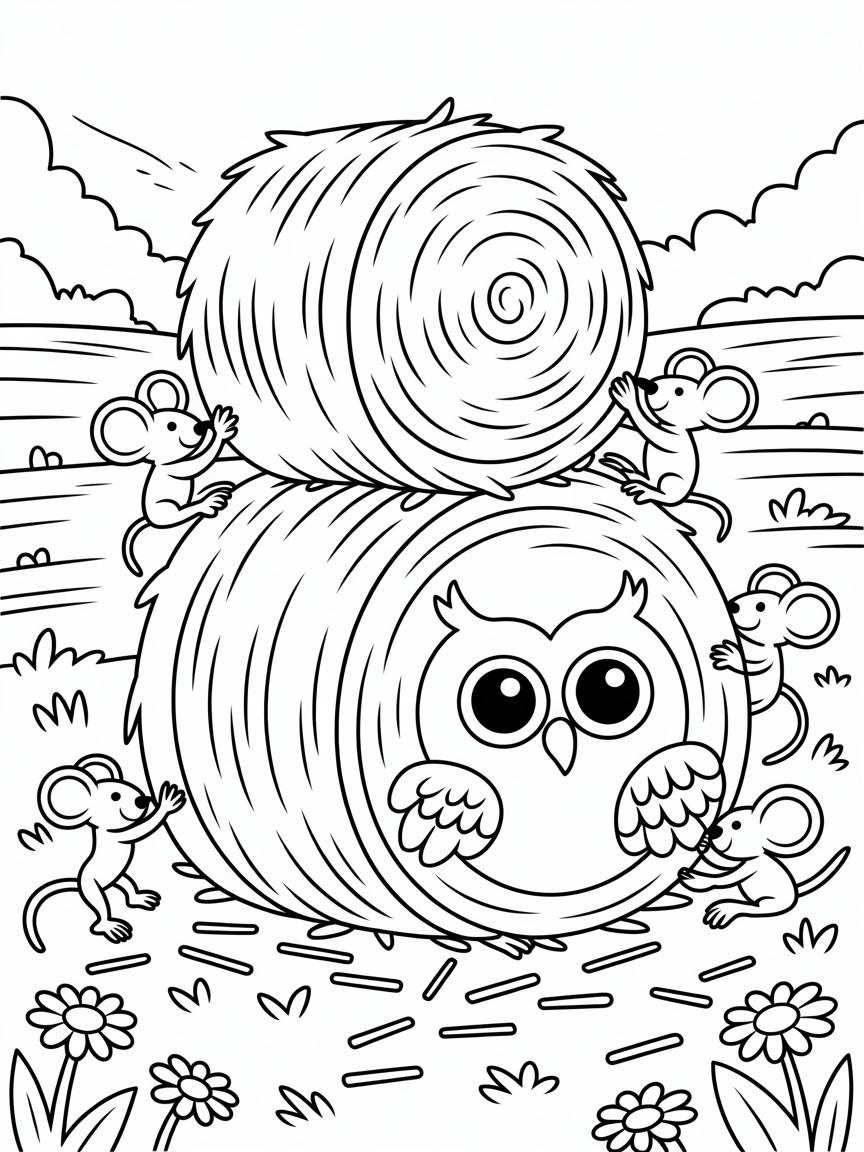 Hay bale art with field mice creating straw sculptures - Free Coloring Page
