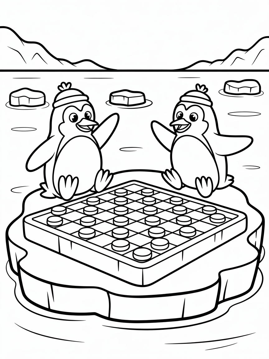 Penguins playing checkers with ice floe pieces - Free Coloring Page