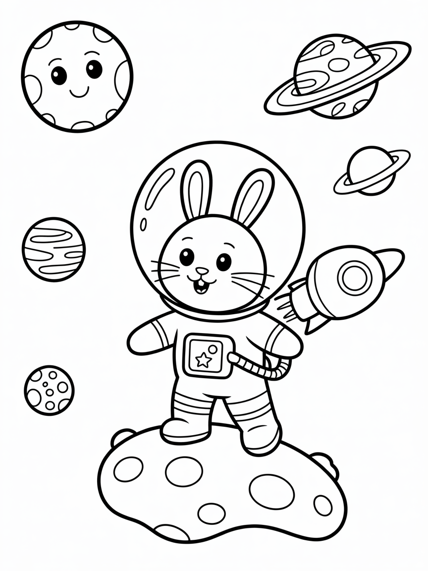 Bunny astronaut exploring outer space - Free Coloring Page