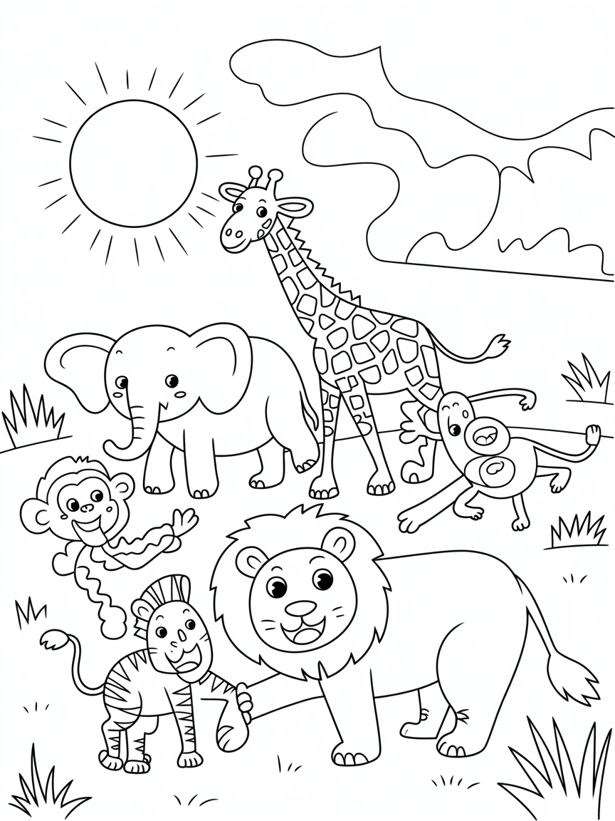 Safari animals - Free Coloring Page