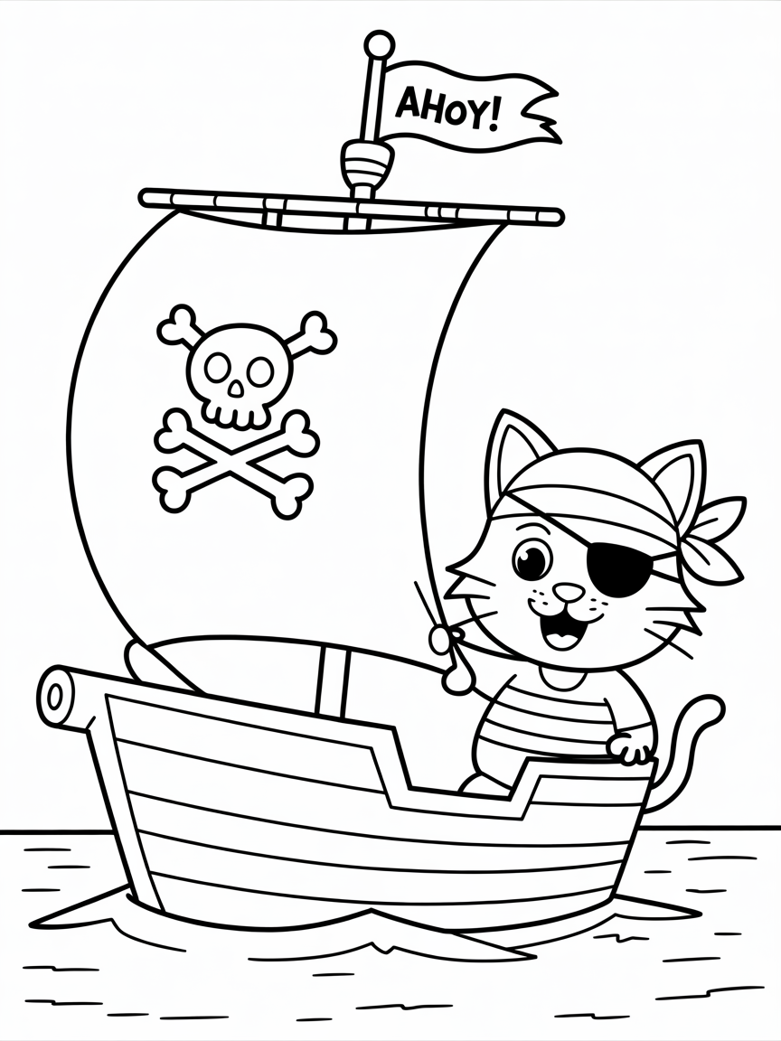 Pirate cat sailing a treasure ship - Free Coloring Page