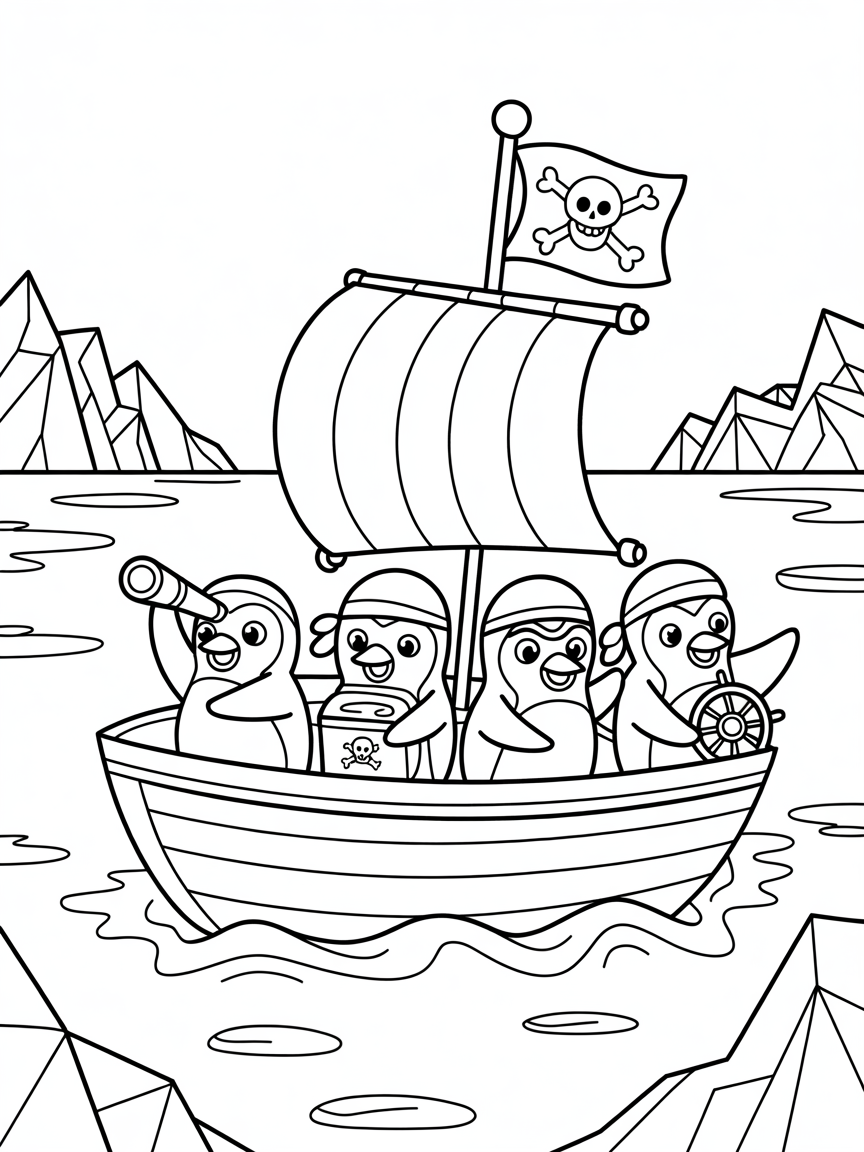 Pirate penguins sailing icy seas - Free Coloring Page