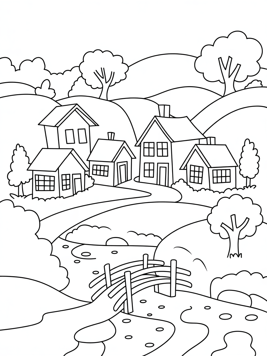 Village landscape - Free Coloring Page