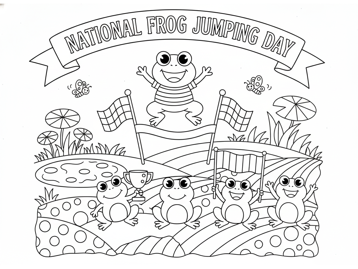 Frog Jumping Day Coloring Pages — Free Printable Designs