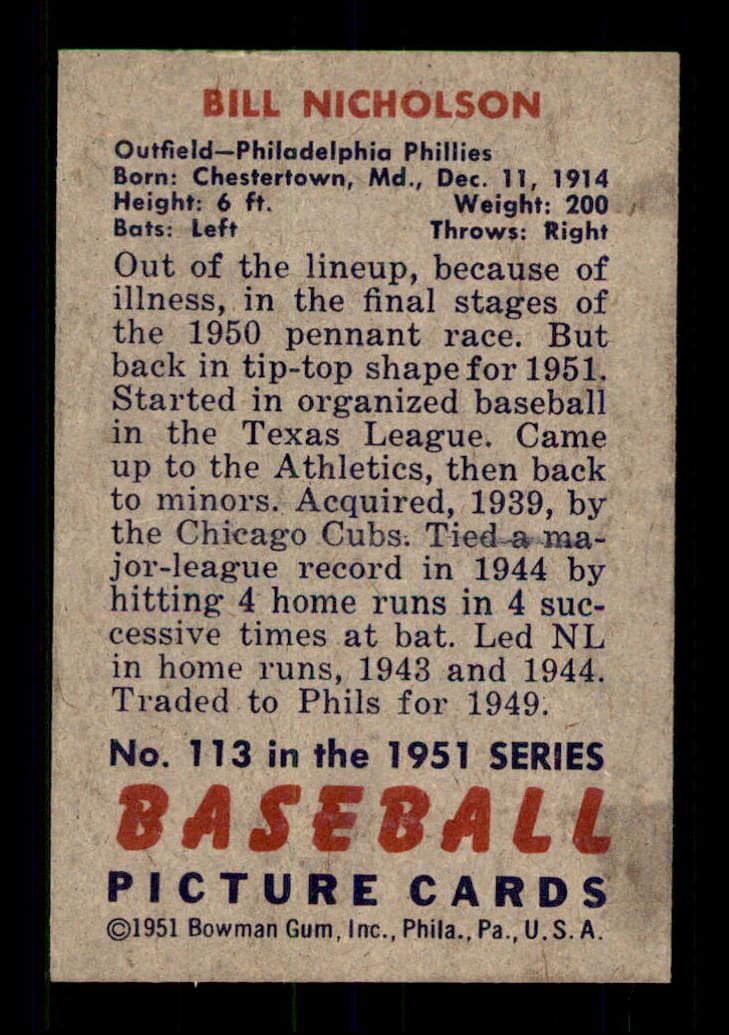 1949 Bowman #76 Bill Nicholson – TonyeTrade