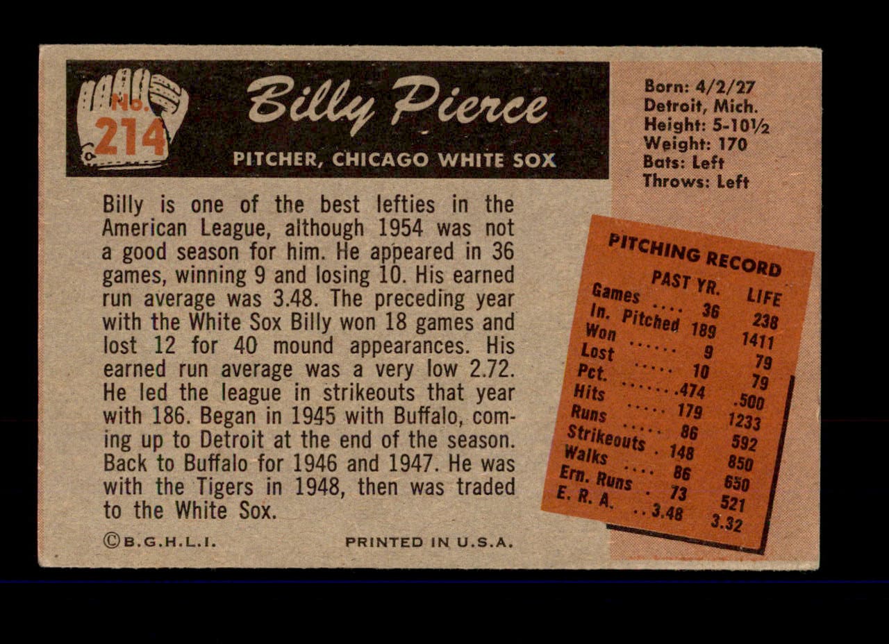 1954 Bowman #102 Billy Pierce – TonyeTrade