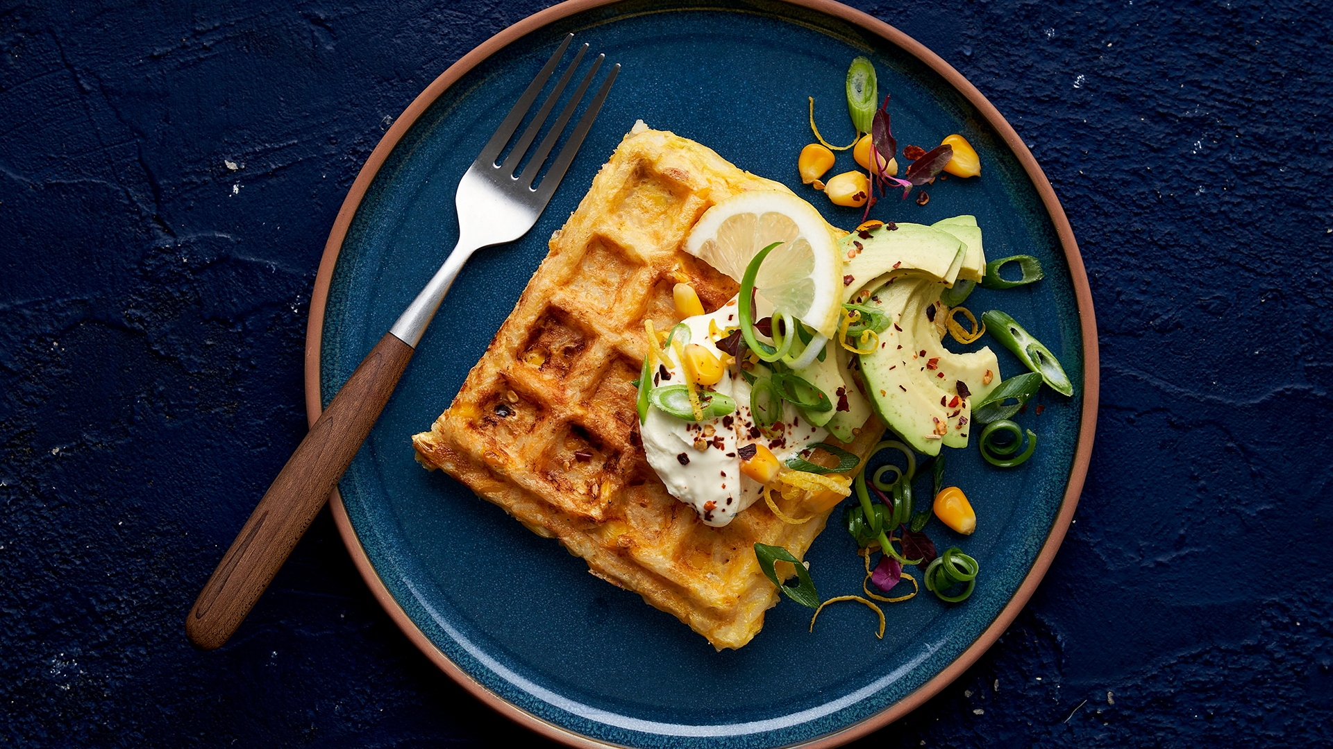 Corn and Cheese Waffles with Avocado, Spring Onion and Crème Fraiche ...