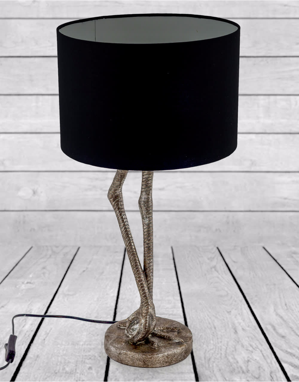 Antique Silver Flamingo Leg Table Lamp with Black Shade