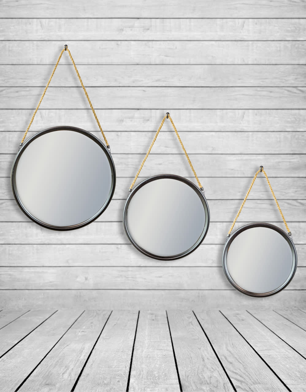 Small Round Black Metal Mirror on Hanging Rope with Hook