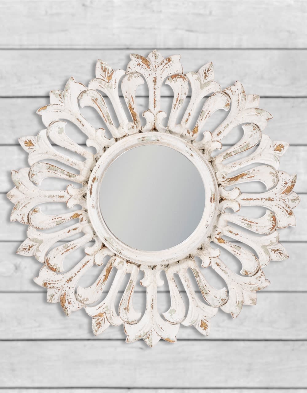 Rustic Chantilly White Carved Sunburst Wall Mirror