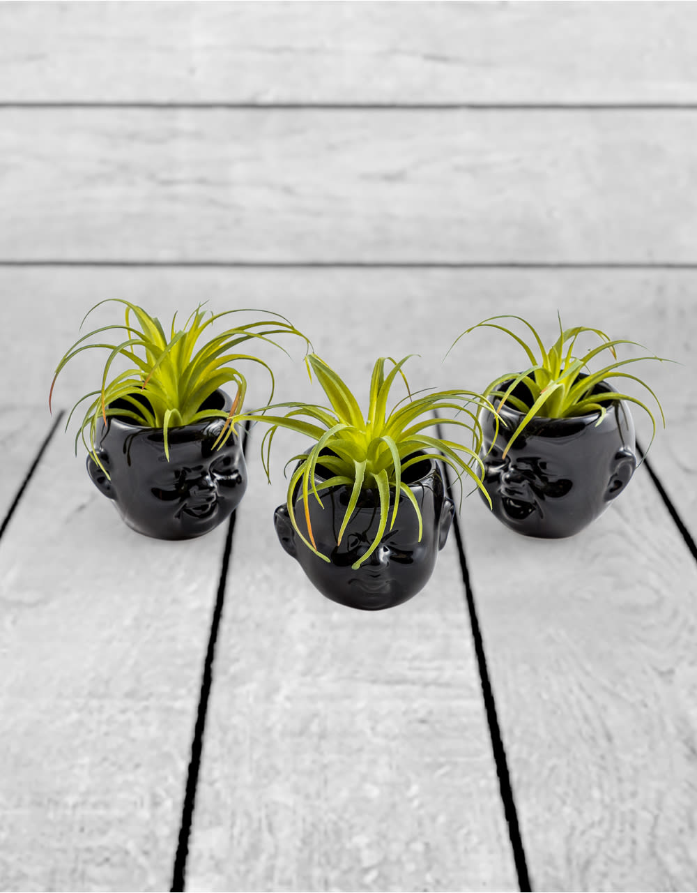 Set of 3 Black Ceramic Mini Baby Face Pots