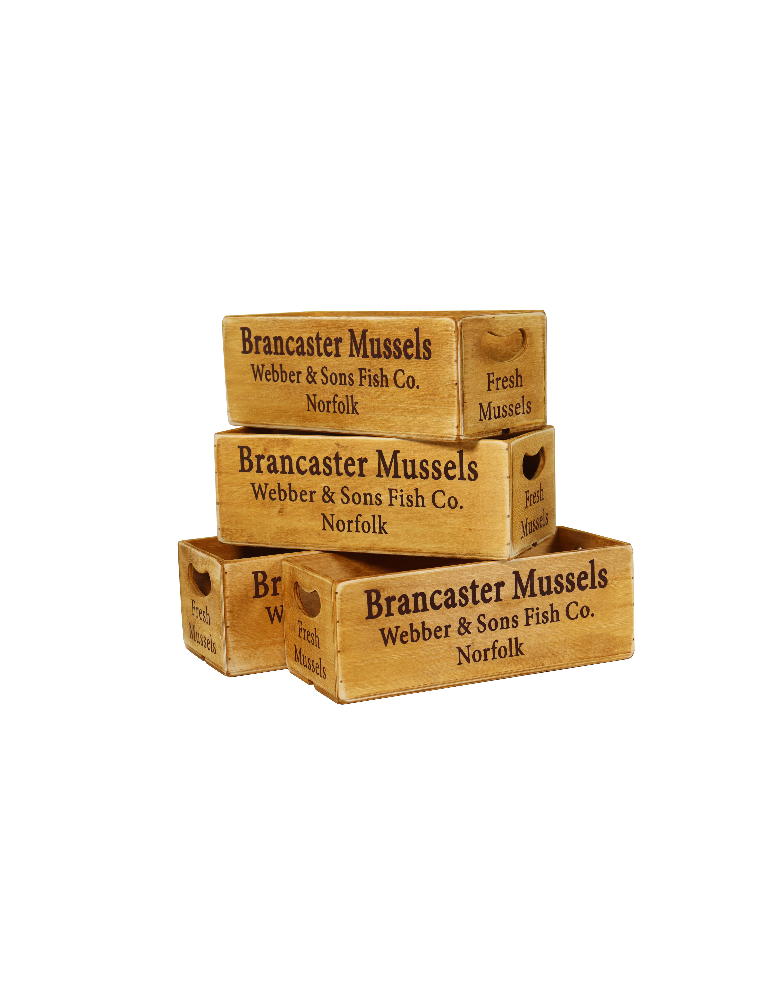 Set of 4 Antiqued "Brancaster Mussels" Wooden Boxes