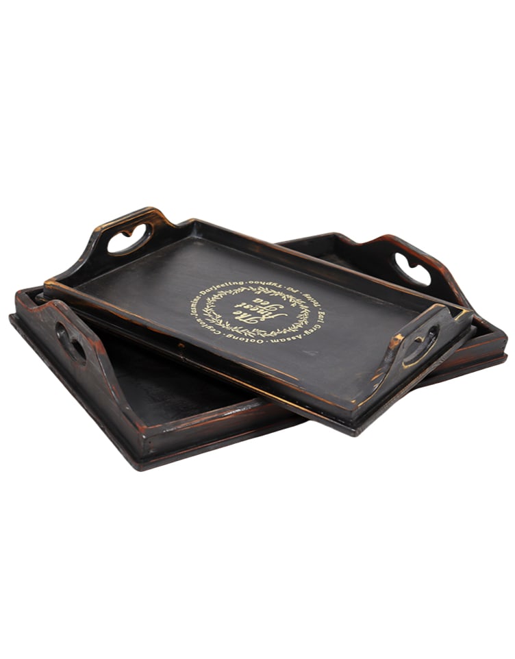 Set of 2 Antique Black Wooden 'Finest Tea' Trays