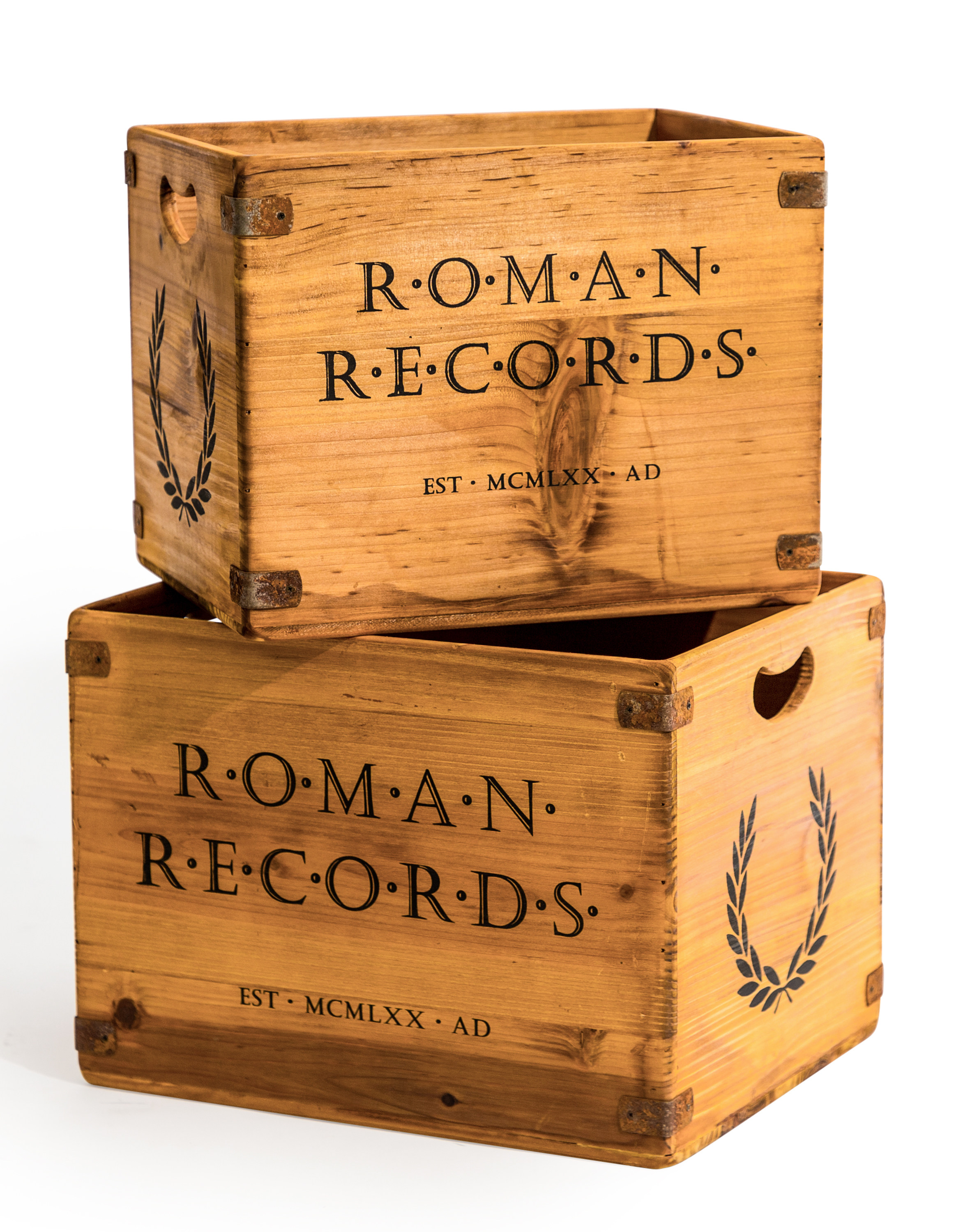 Set of 2 Antiqued Wooden "Roman Records" LP Record Storage Boxes