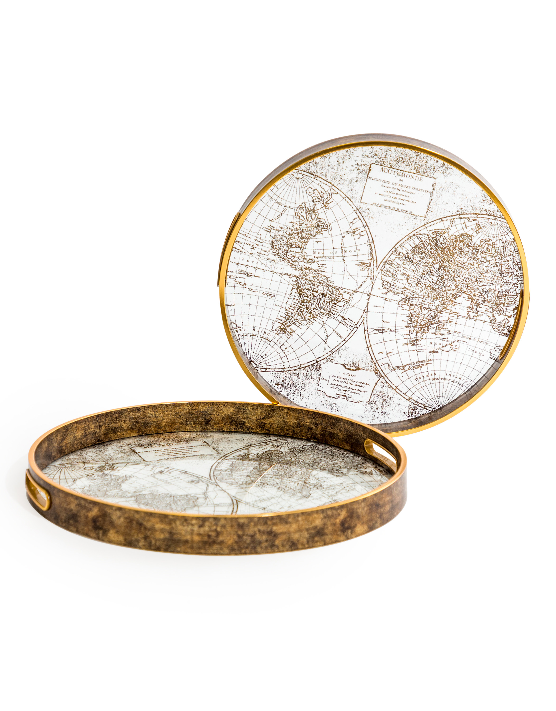 Set of 2 Dark Gold World Map Serving Trays