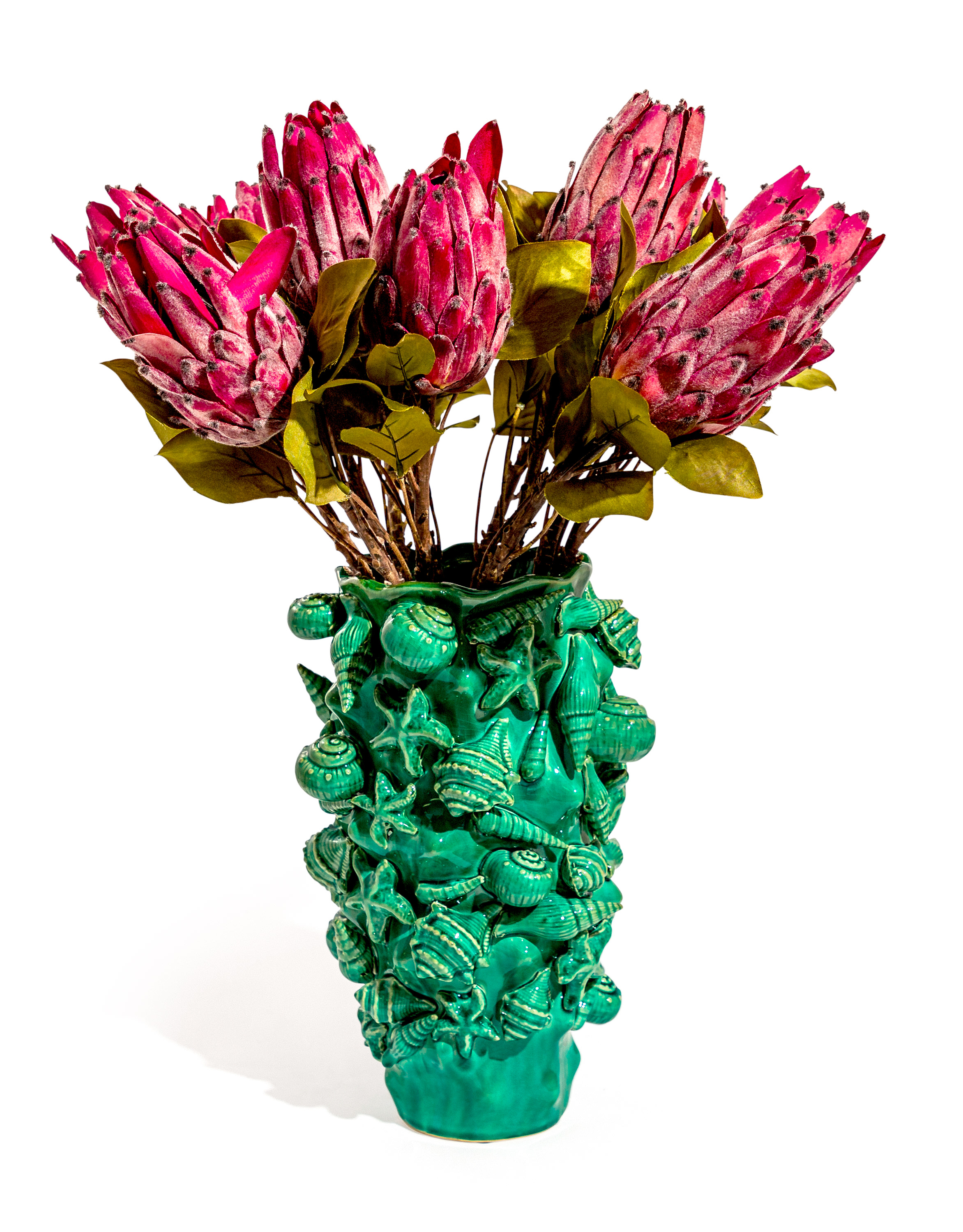 Crackle Aqua Turquoise Sea Shell Large Ceramic Vase