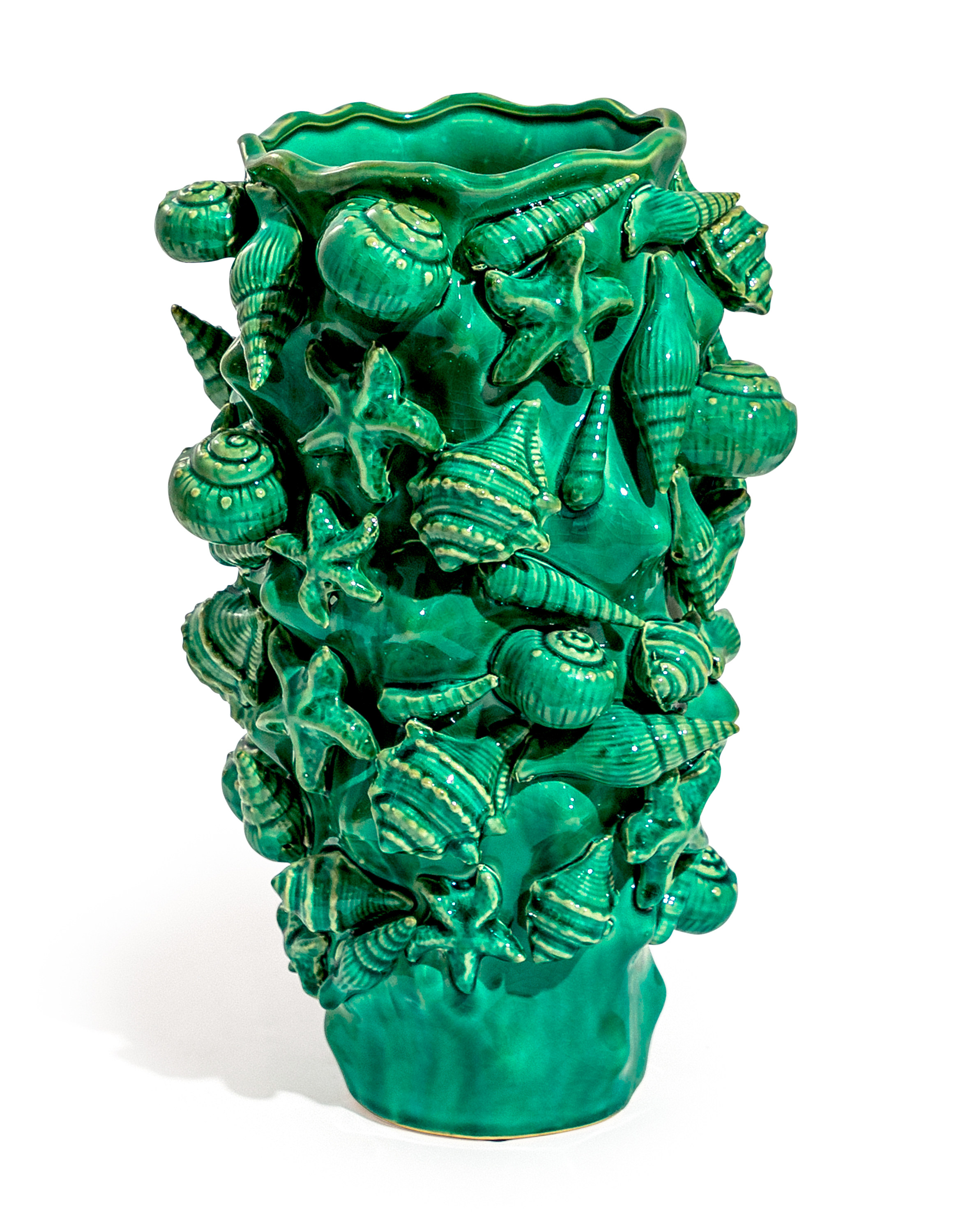 Crackle Aqua Turquoise Sea Shell Large Ceramic Vase